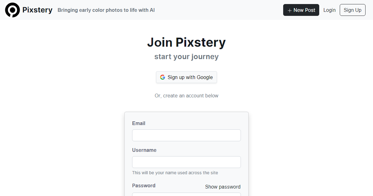 Sign Up | Pixstery - Bringing early photos to life with AI